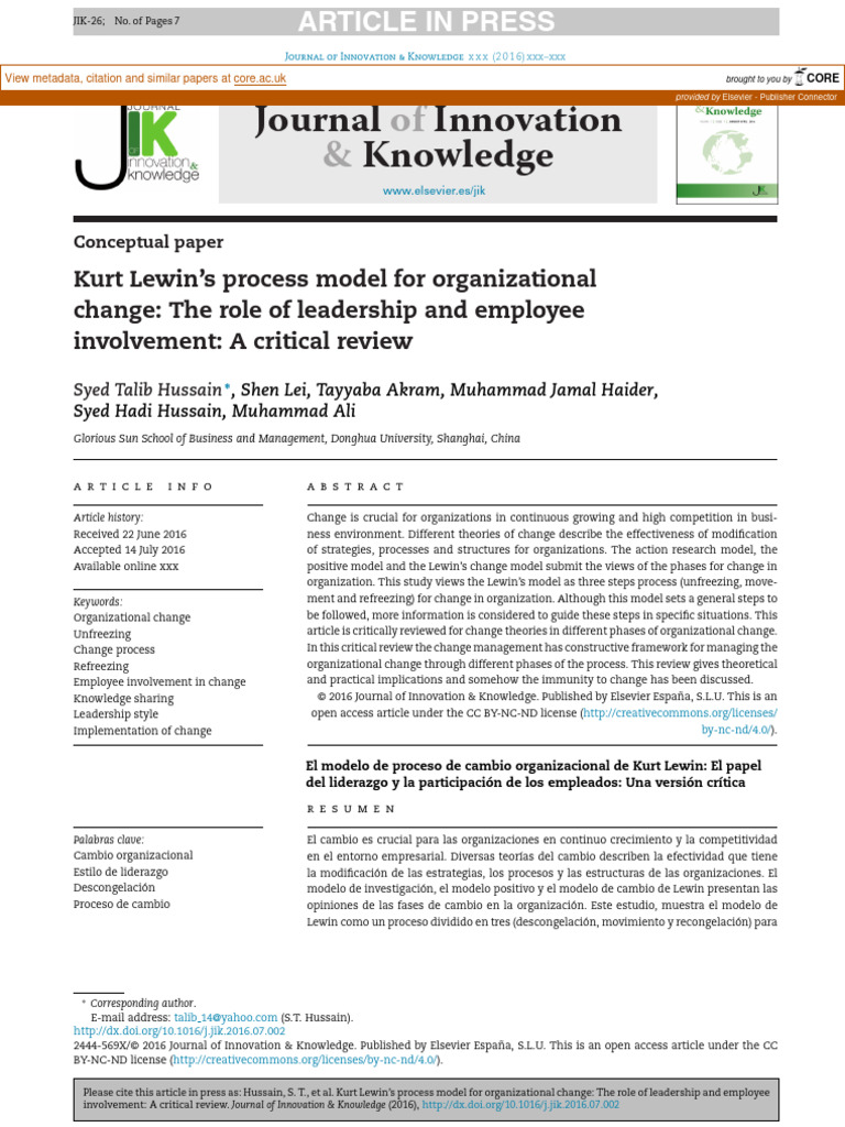 Kurt Lewin Change | PDF | Leadership | Organizational Behavior