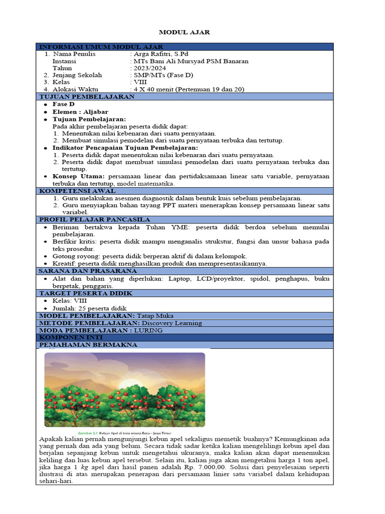 Modul Ajar Persamaan Linear | PDF