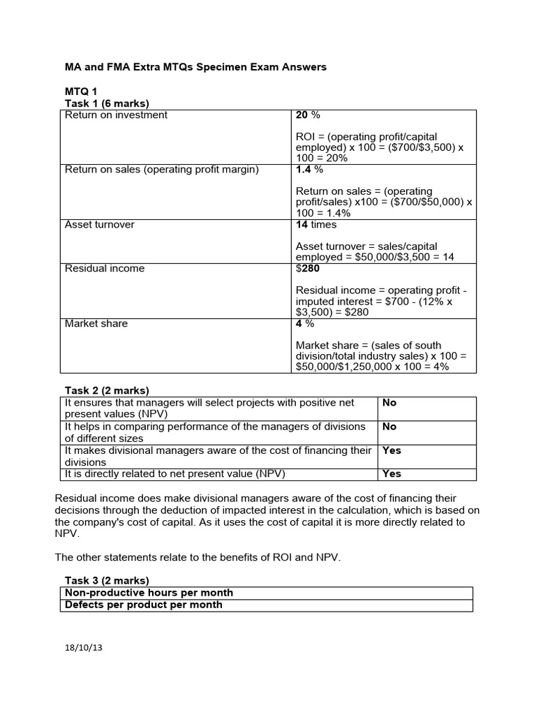 MA and FMA Extra MTQs Exam Answers | PDF | Return On Investment | Net ...
