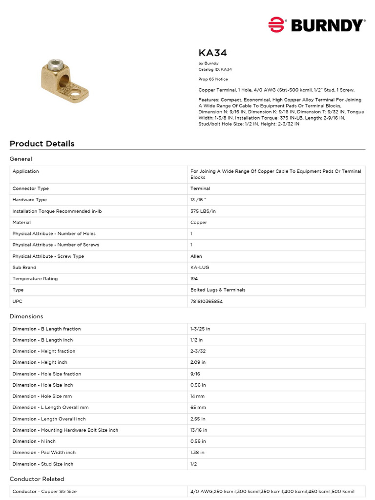 BURNDY KA34 Specsheet | PDF | Screw | Manufactured Goods