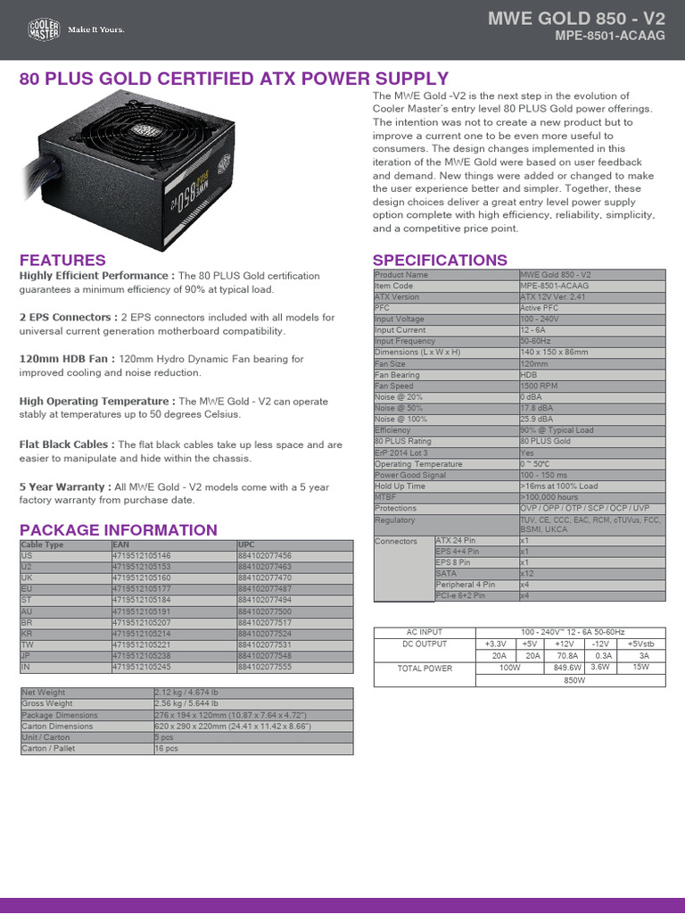 Product Sheet - MWE Gold 850 - V2 | PDF | Power (Physics) | Electrical Engineering