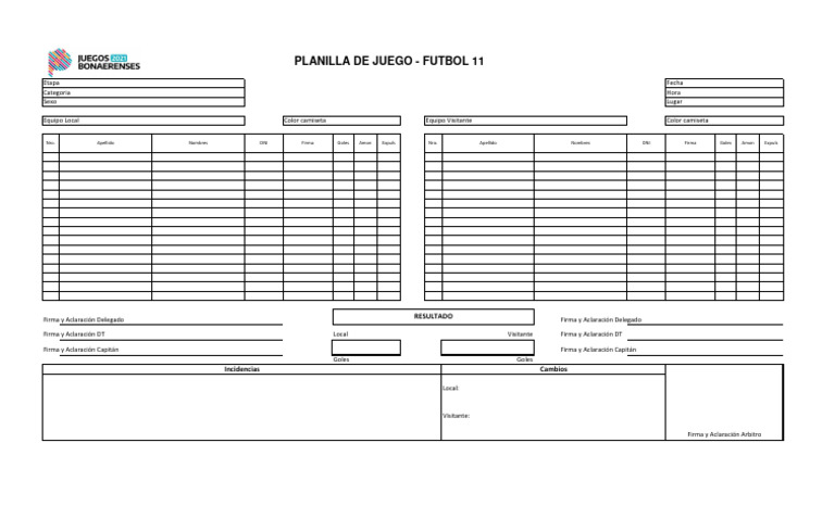 Planilla de Juego Futbol 11 | PDF