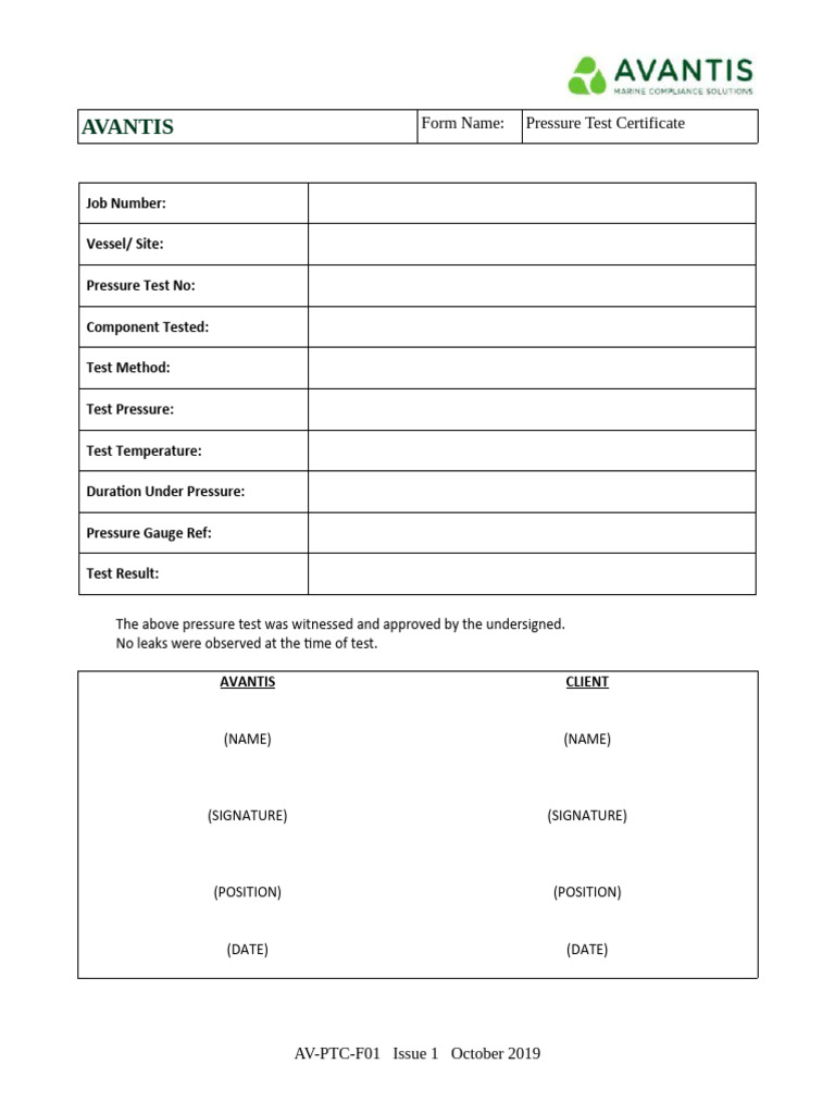Pressure Test Certificate Form | PDF