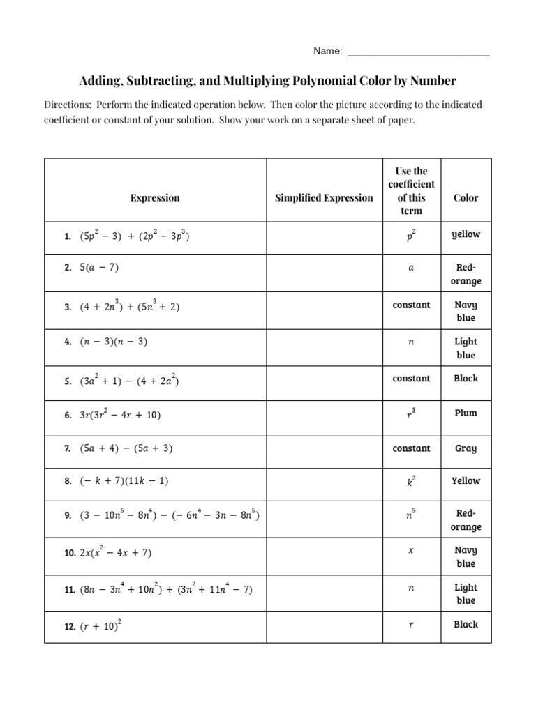 Operation of Polynomials - Color by Number - Shared | PDF | Mathematics | Algebra
