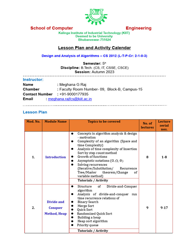 DAA Lesson Plan | PDF | Computational Complexity Theory | Dynamic Programming