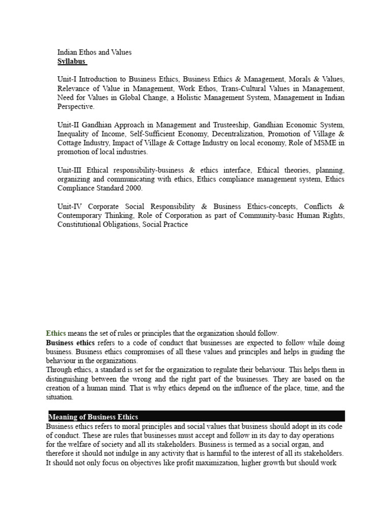 Indian Ethos and Values MOD | PDF | Morality | Virtue