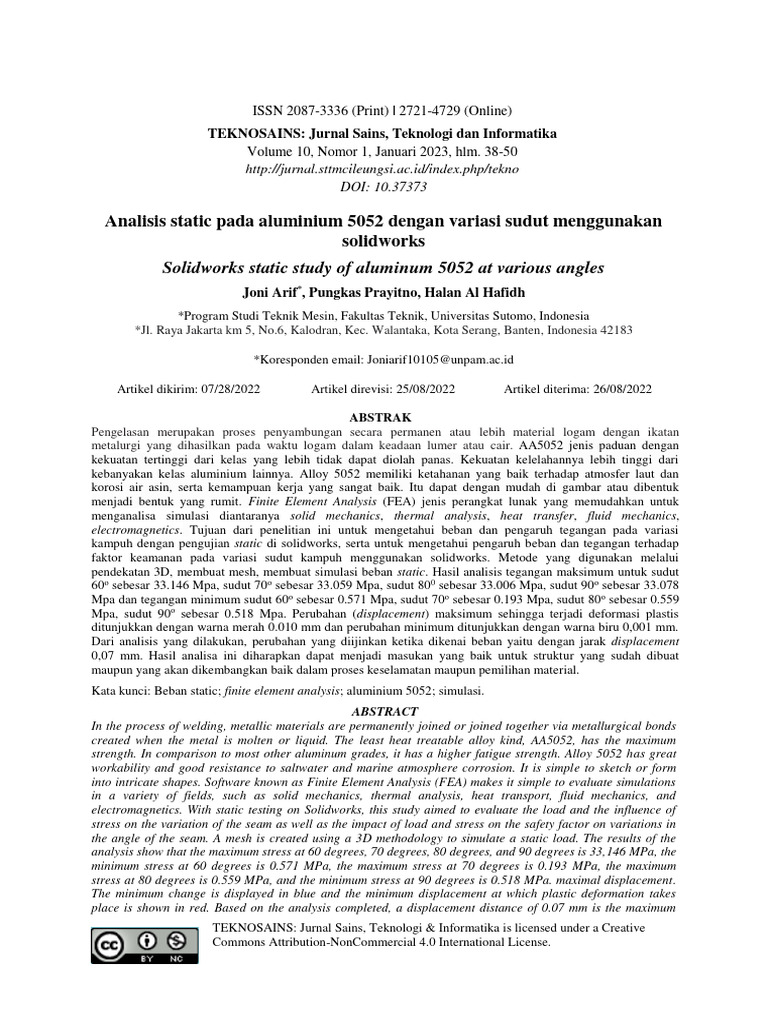 COPY - Analisisstatic Pada Aluminium 5052 Dengan Variasi Sudut Menggunakan Solidworks | PDF