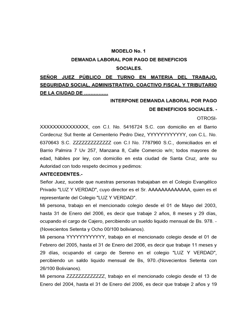 Modelos de Memoriales | PDF | Salario | Derecho laboral