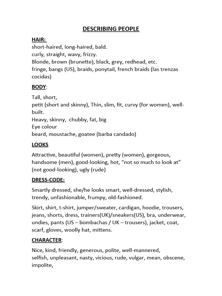 Describing People Vocabulary | PDF | Sports & Recreation | Lifestyle