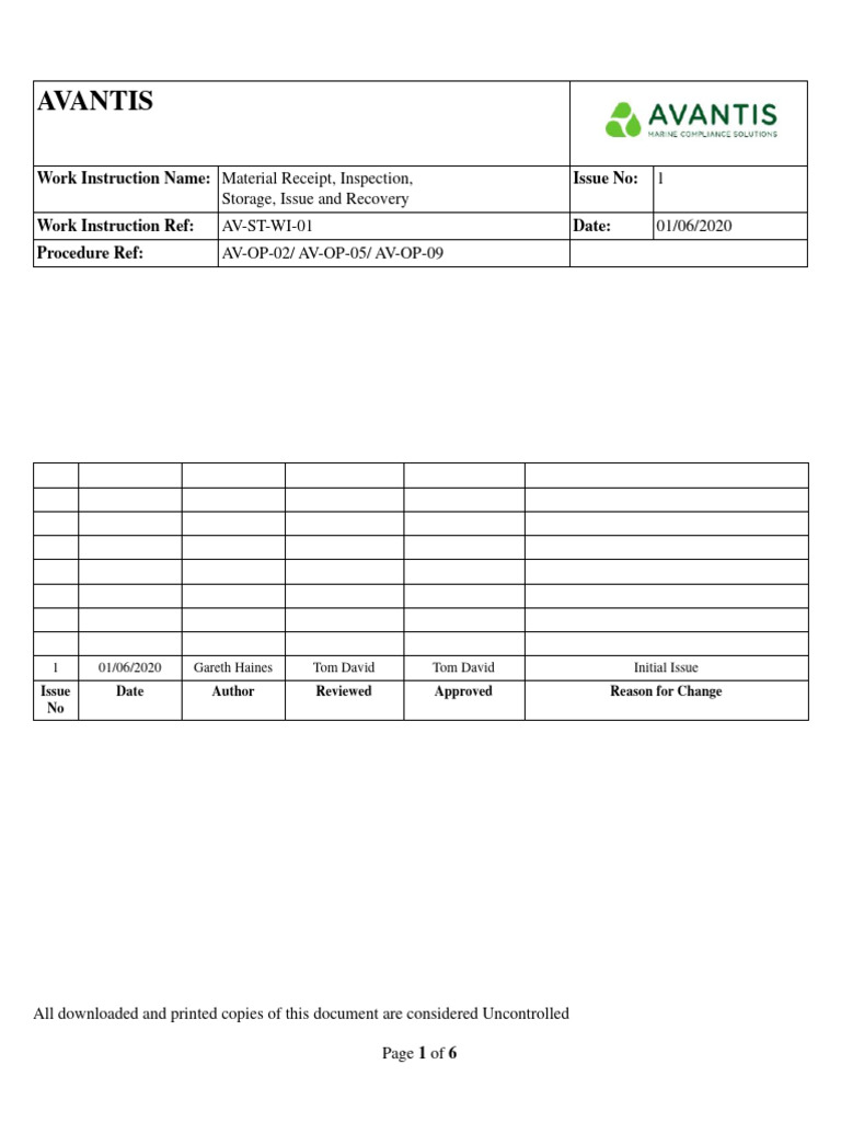 Av St Wi 01 Material Receipt Inspection Storage Issue And Recovery Iss