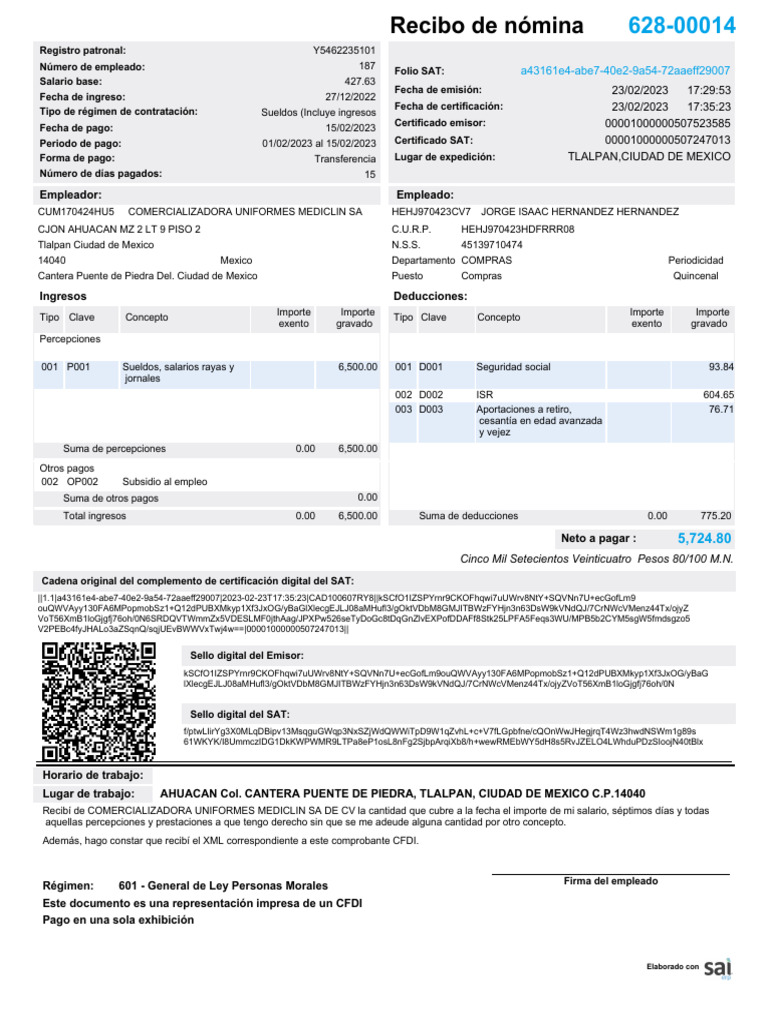 Cum170424hu5 Recibos 20230223 628-00014 | PDF | Salario | Ética de negocios