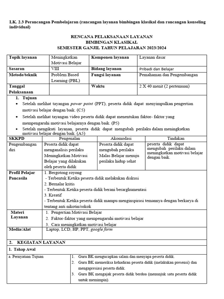 LK. 2.3 Perancangan Pembelajaran (Rancangan Layanan Bimbingan Klasikal ...