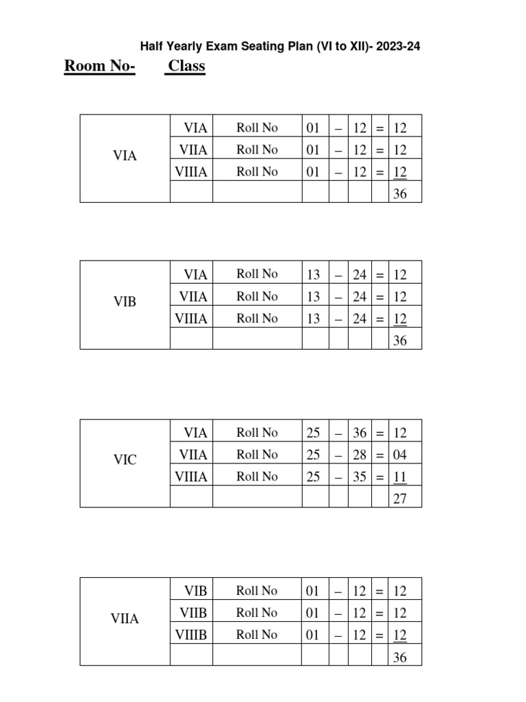 Half Yearly Exam Seating Plan 2023-24 | PDF
