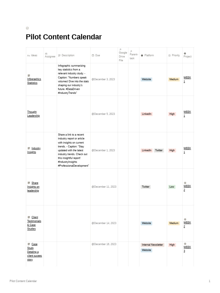 Pilot Content Calendar | PDF | Human Communication | Computing