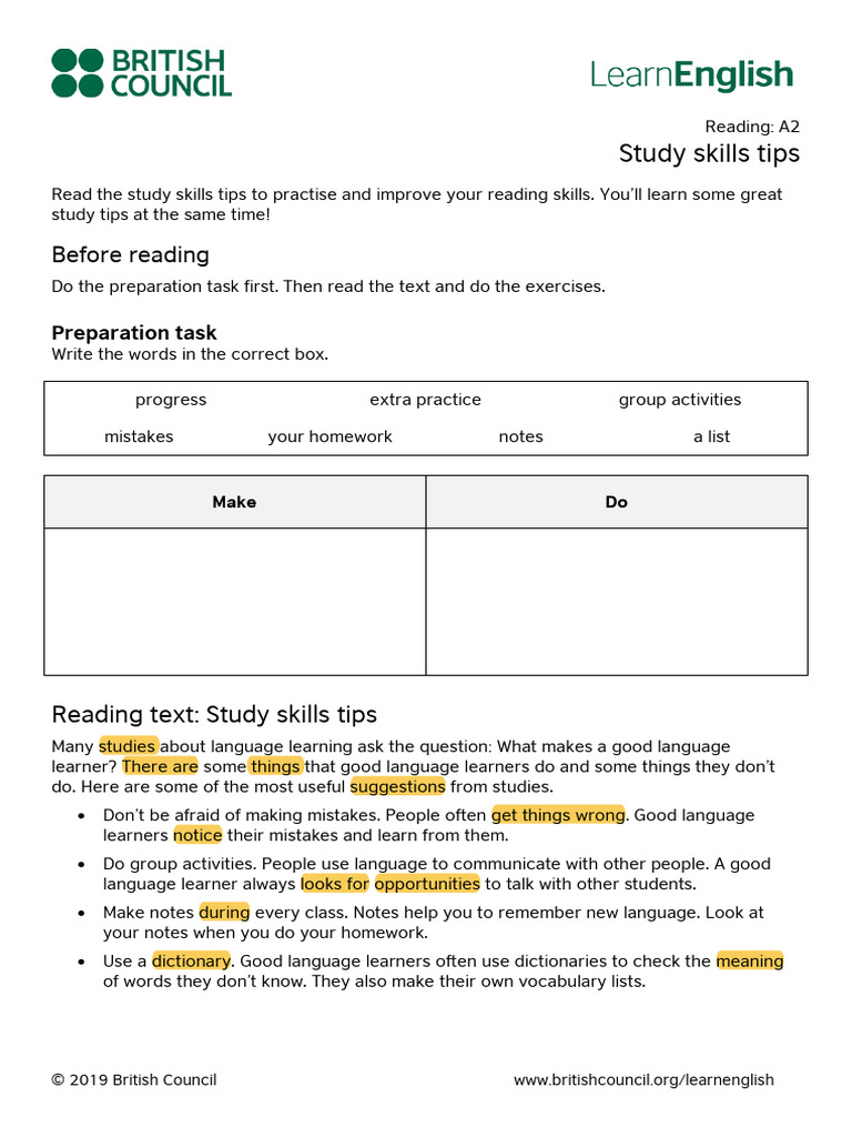 LearnEnglish Reading A2 Study Skills Tips 230701 085752 | PDF | Study Skills | Learning