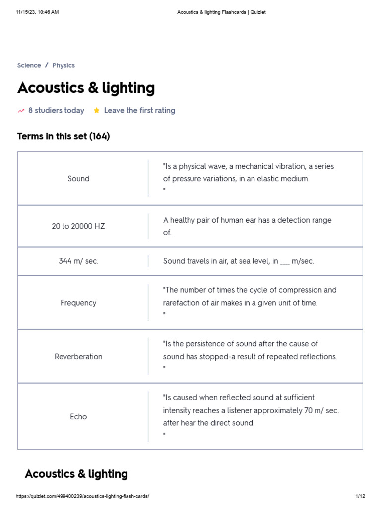 Acoustics & Lighting Flashcards - Quizlet | PDF | Sound | Lighting