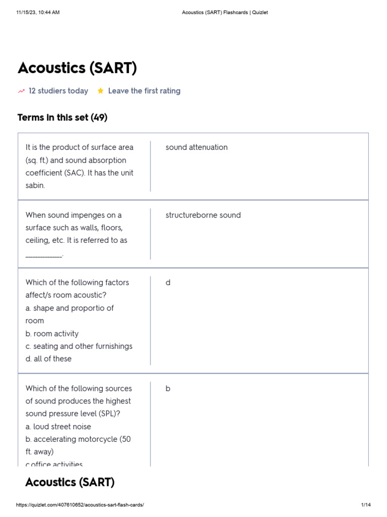 Acoustics (SART) Flashcards - Quizlet | PDF | Sound | Qualia