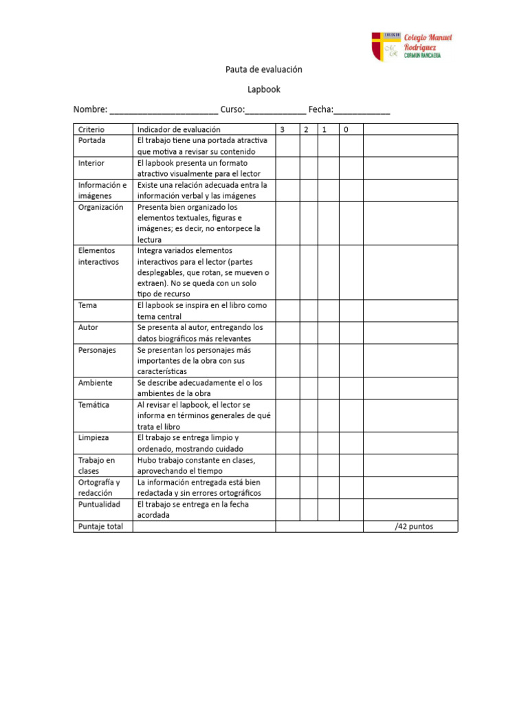 Pauta de Evaluación Lapbook | PDF Pauta de Evaluación Lapbook | PDF