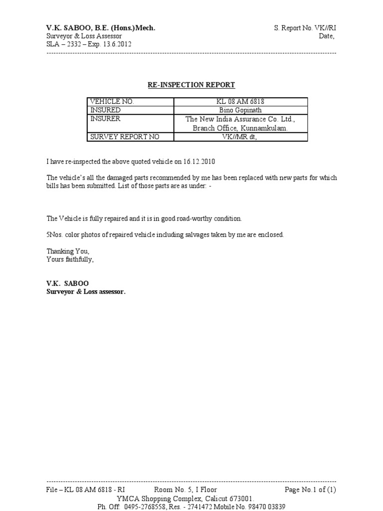 Vehicle Re-Inspection Report | PDF