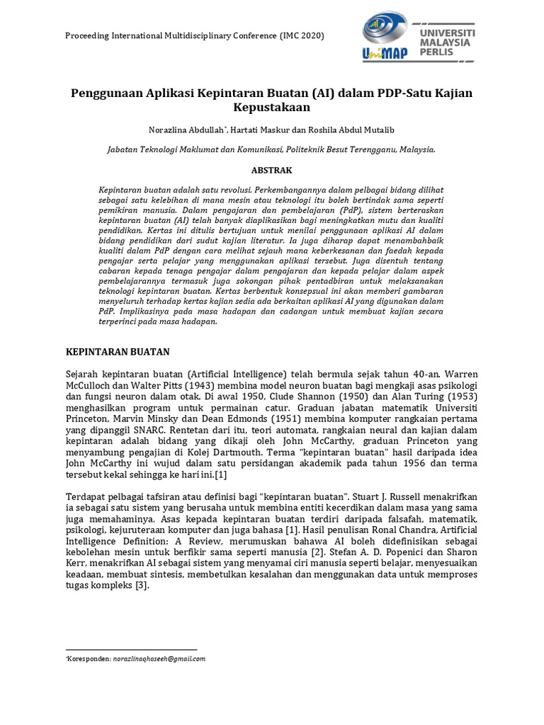 Penggunaan Aplikasi Kepintaran Buatan (AI) Dalam PDP-Satu Kajian Kepustakaan | PDF | Teknologi ...