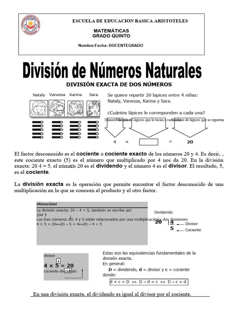 GUÍA DIVISIÓN QUINTO 1 Ok | PDF | División (Matemáticas) | Multiplicación