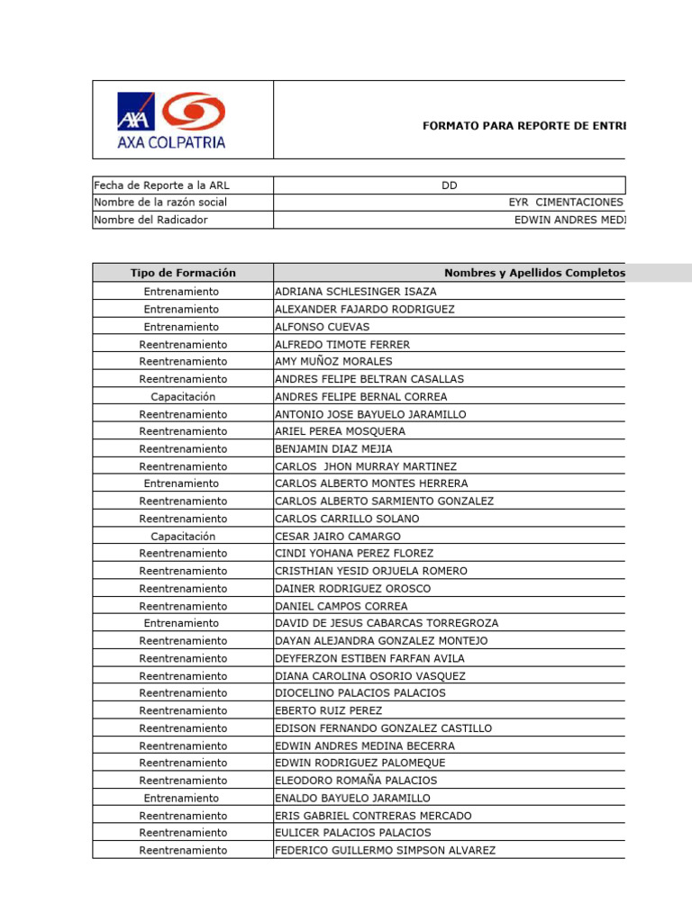 Fomato Reporte Capacitacion, Entrenamiento, Reentrenamiento Alturas | PDF