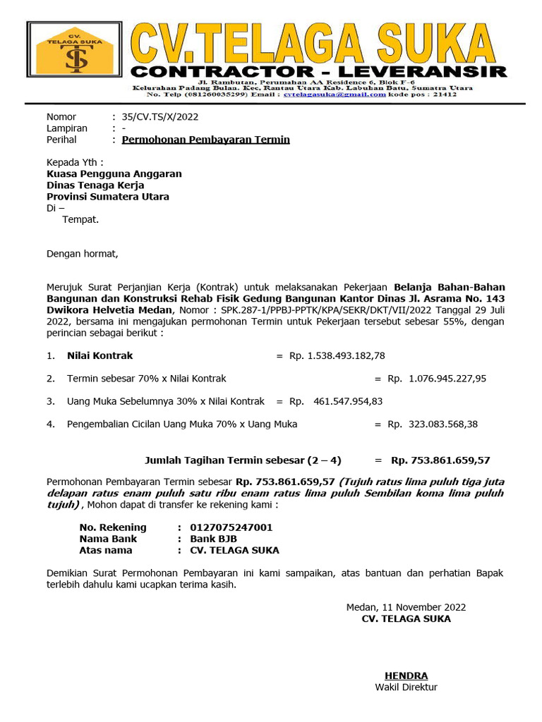 Permohonan Pembayaran Termin - Medan | PDF