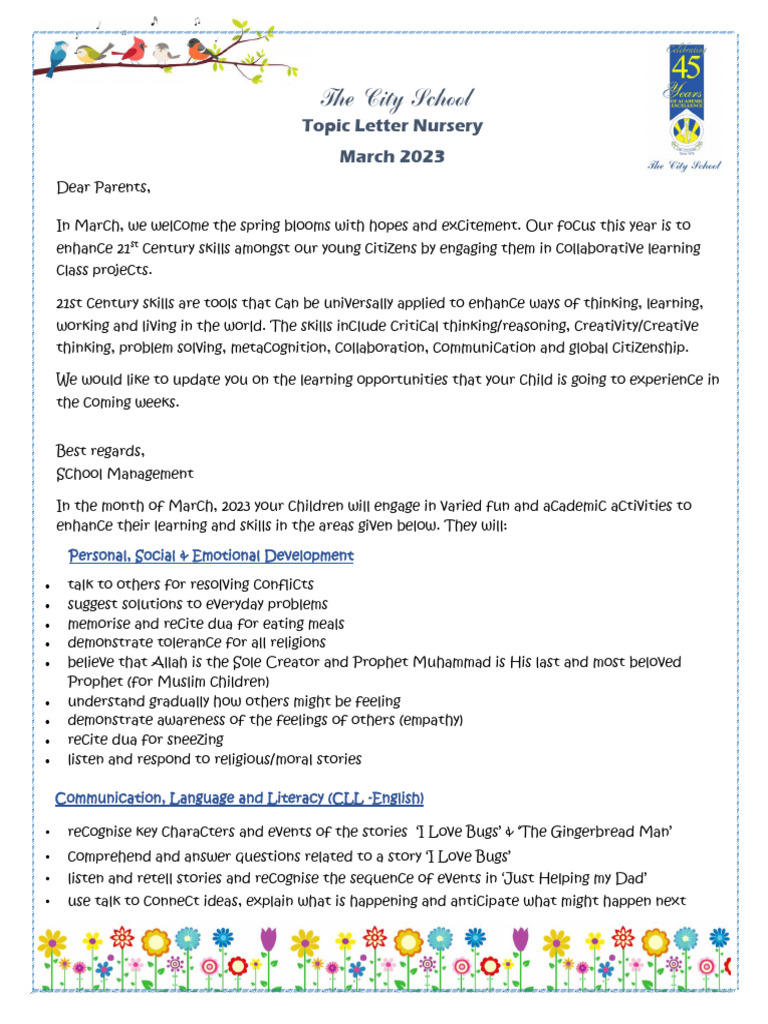 March Topic Letter Final Nursery | PDF | Feeling | Learning