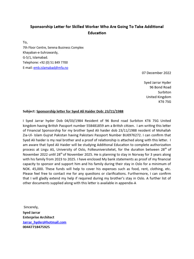 Sponsorship Letter For Student Visa | PDF