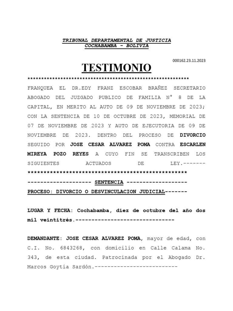 Testimonio Proceso Divorcio | PDF | Divorcio | Sentencia (ley)