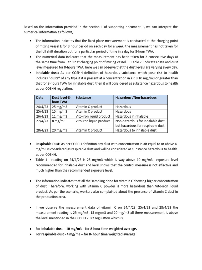 Date Dust Level-8-Hour TWA Substance Hazardous /non-Hazardous | PDF ...