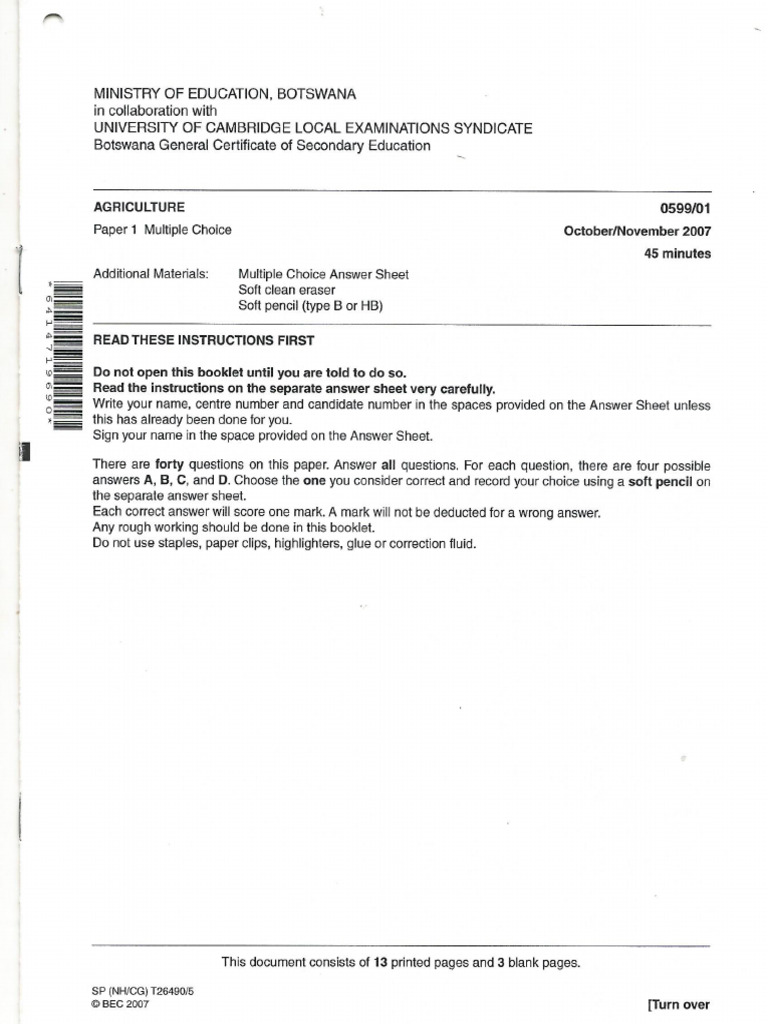 Bgcse Agric Paper 1 2007 | PDF