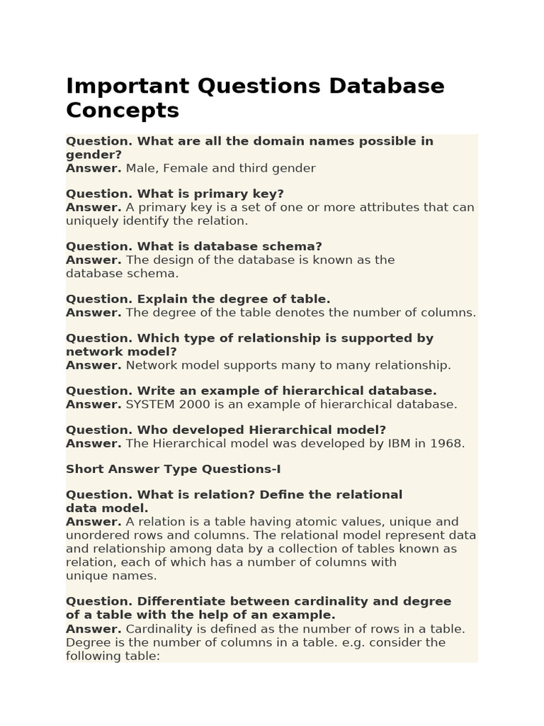 g12 Important Questions Database Concepts | PDF | Databases | Table ... g12 Important Questions Database Concepts | PDF | Databases | Table ...