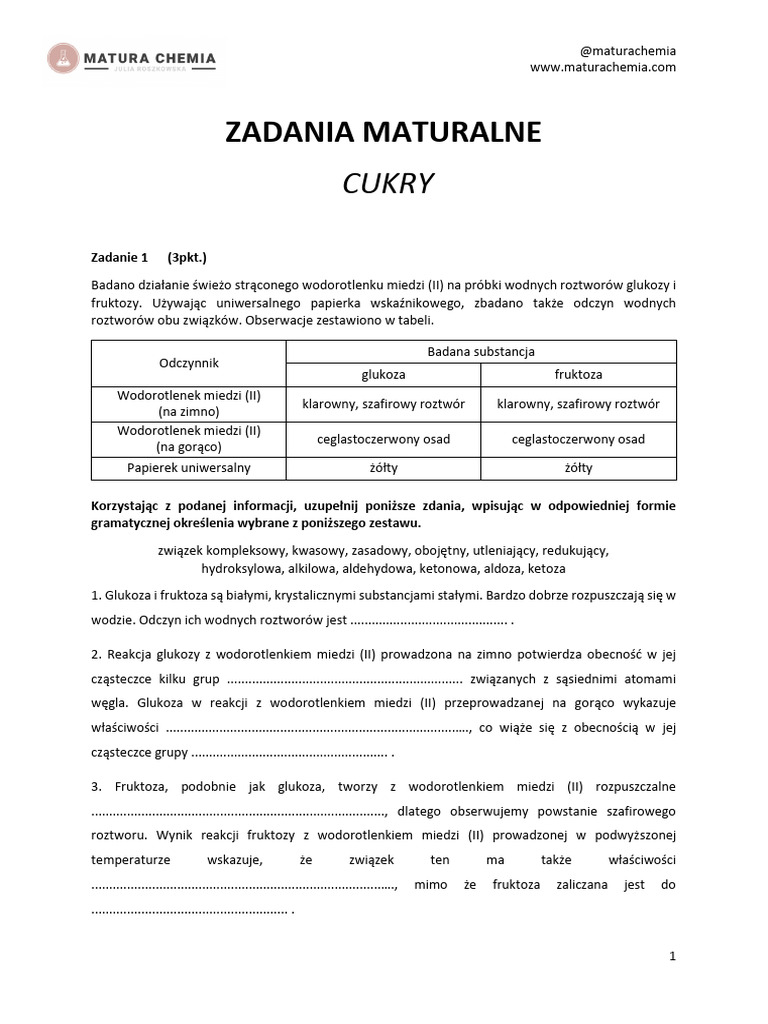 Zadania Maturalne Cukry | PDF