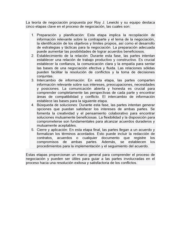 Etapas del Proceso de Negociación Lewicki | PDF