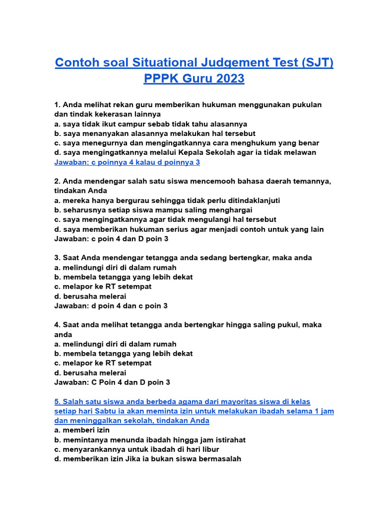 Contoh Soal Situational Judgement Test (SJT) PPPK Guru 2023 | PDF