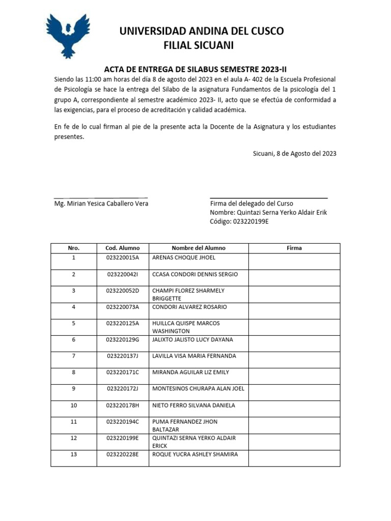 Acta de Entrega de Silabus Semestre 2023 | PDF