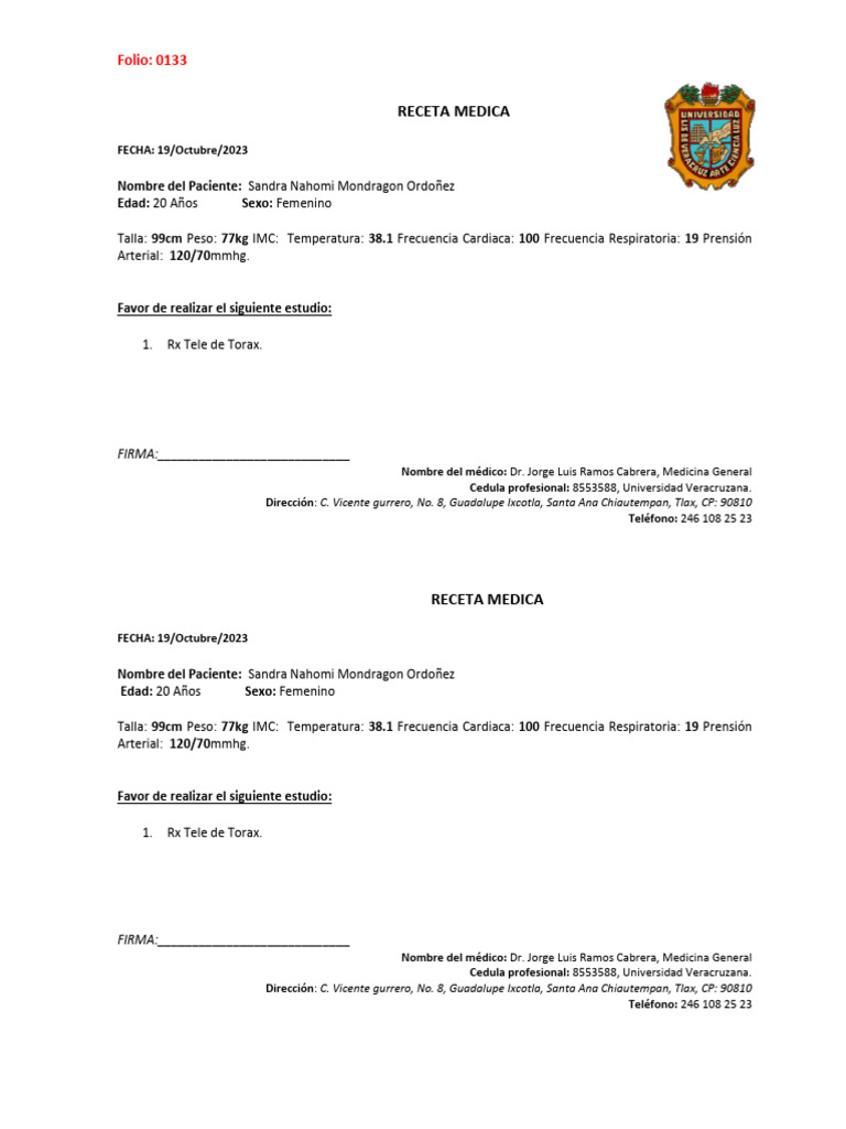 Receta médica para Rx de tórax | PDF