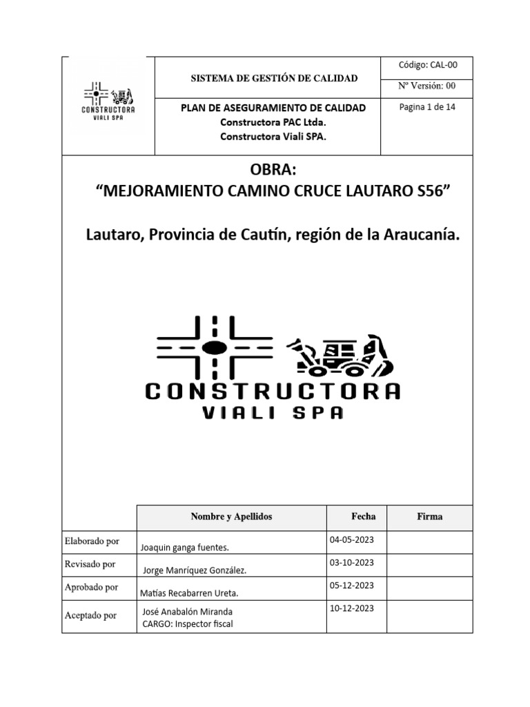 Plan de Aseguramiento de Calidad Viali SPA | PDF | Sistema de manejo de ...
