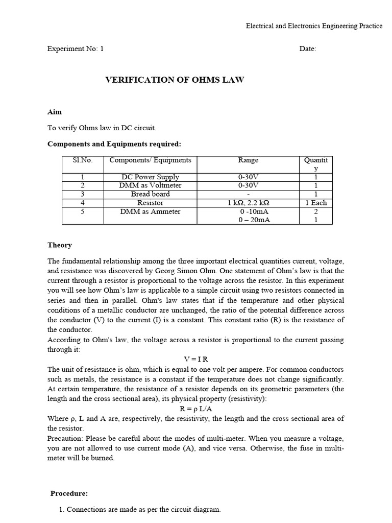 Verification of Ohms Law | PDF | Electrical Resistance And Conductance ...