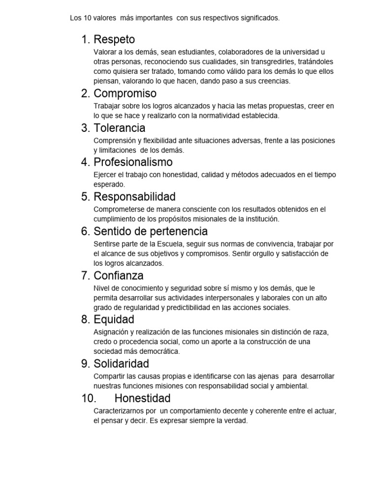 Los 10 Valores Más Importantes | PDF
