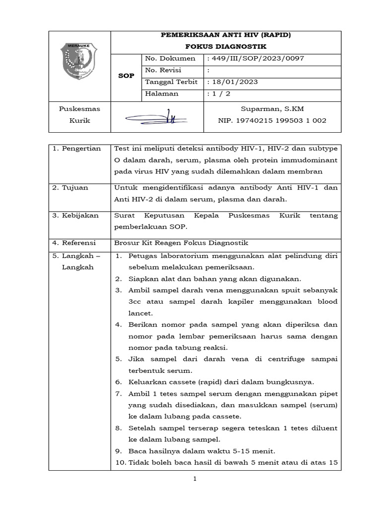 Sop Pemeriksaan Anti Hiv (Rapid) Fokus Diagnostik | PDF