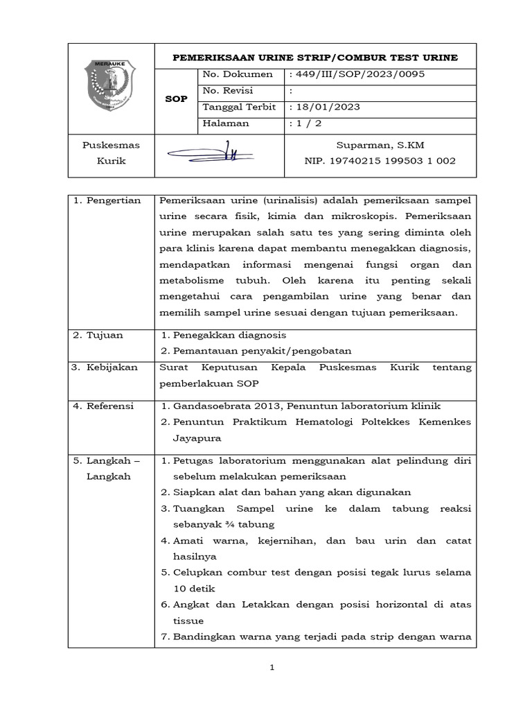 Sop Pemeriksaaan Urine Combur Test | PDF