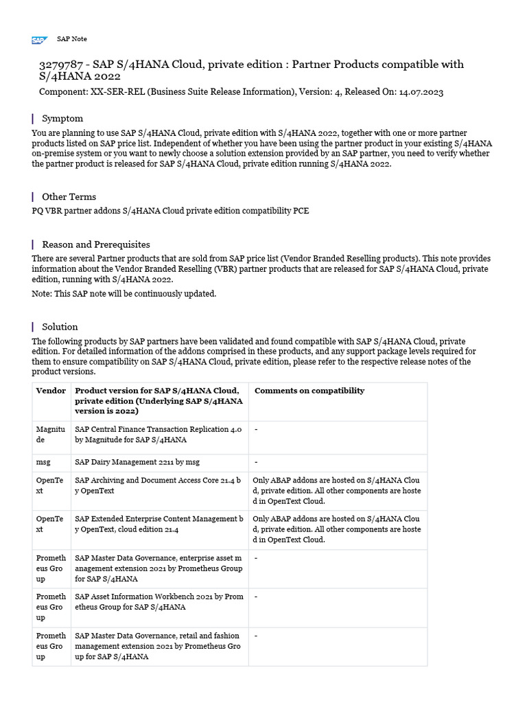 SAP S4HANA Cloud, Private Edition Partner Products Compatible With S4HANA 2022 | PDF | Cloud ...