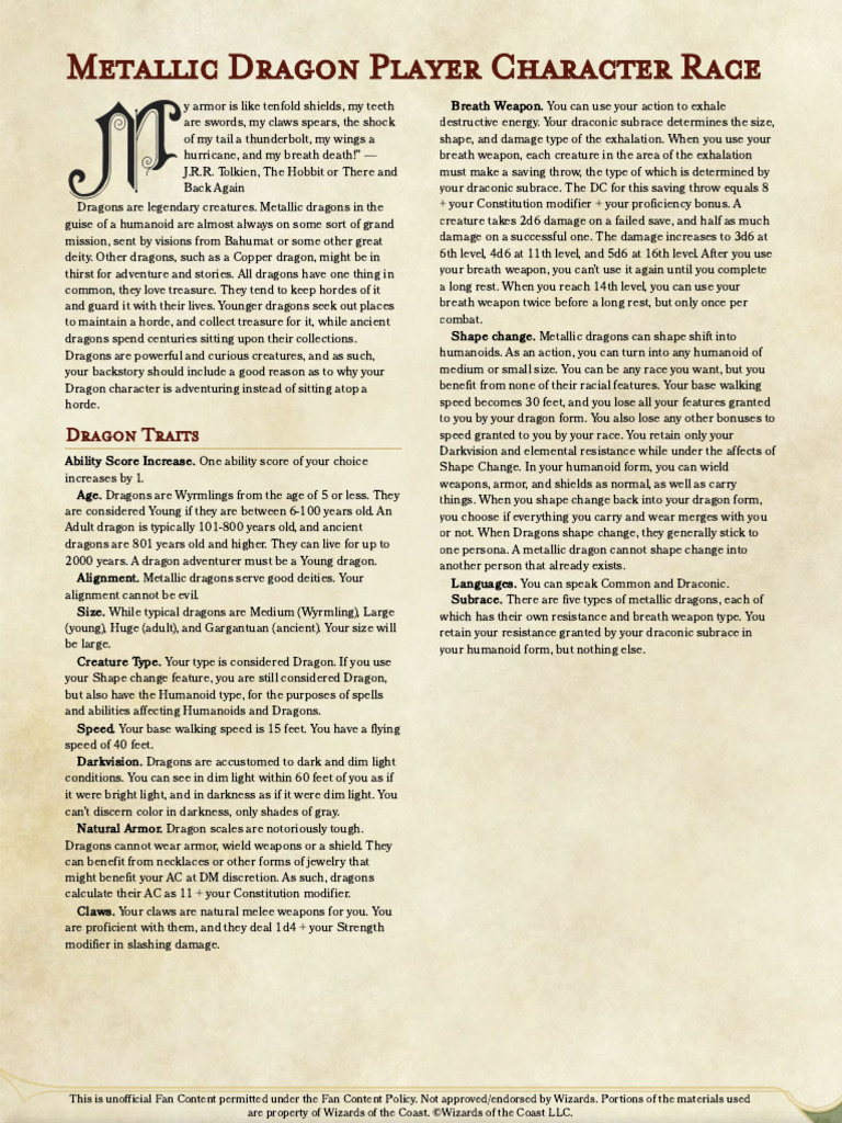 Metallic Dragon PC Race For 5e - GM Binder | PDF