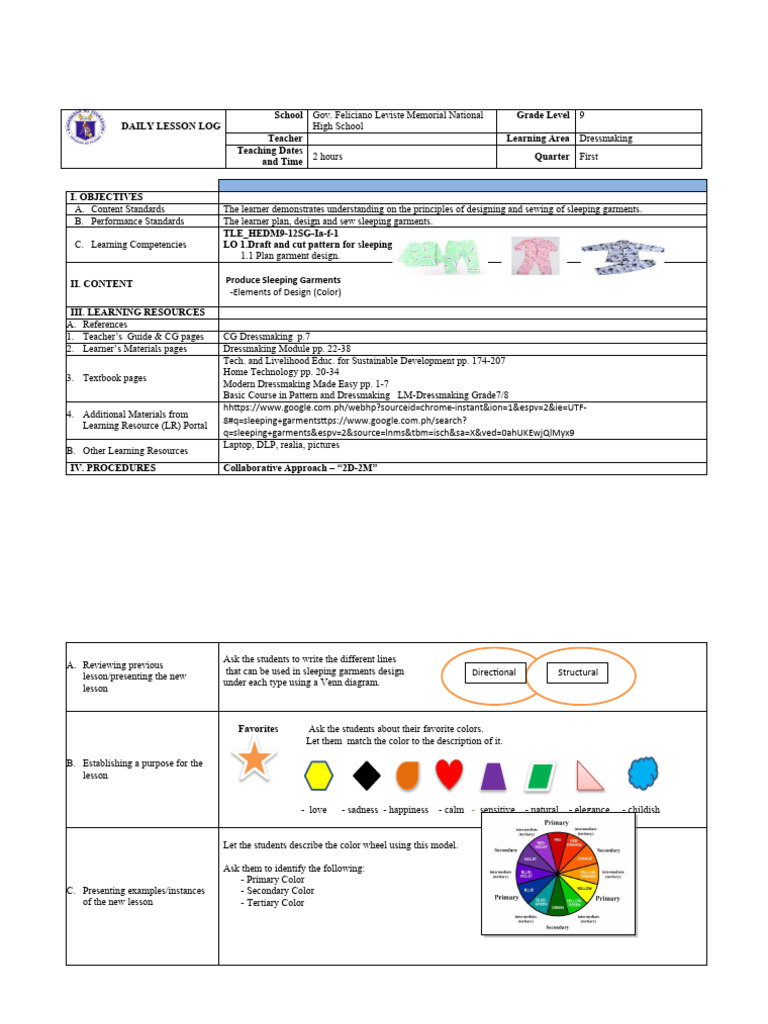 Dressmaking Lesson Plan: Sleeping Garments | PDF | Learning | Color