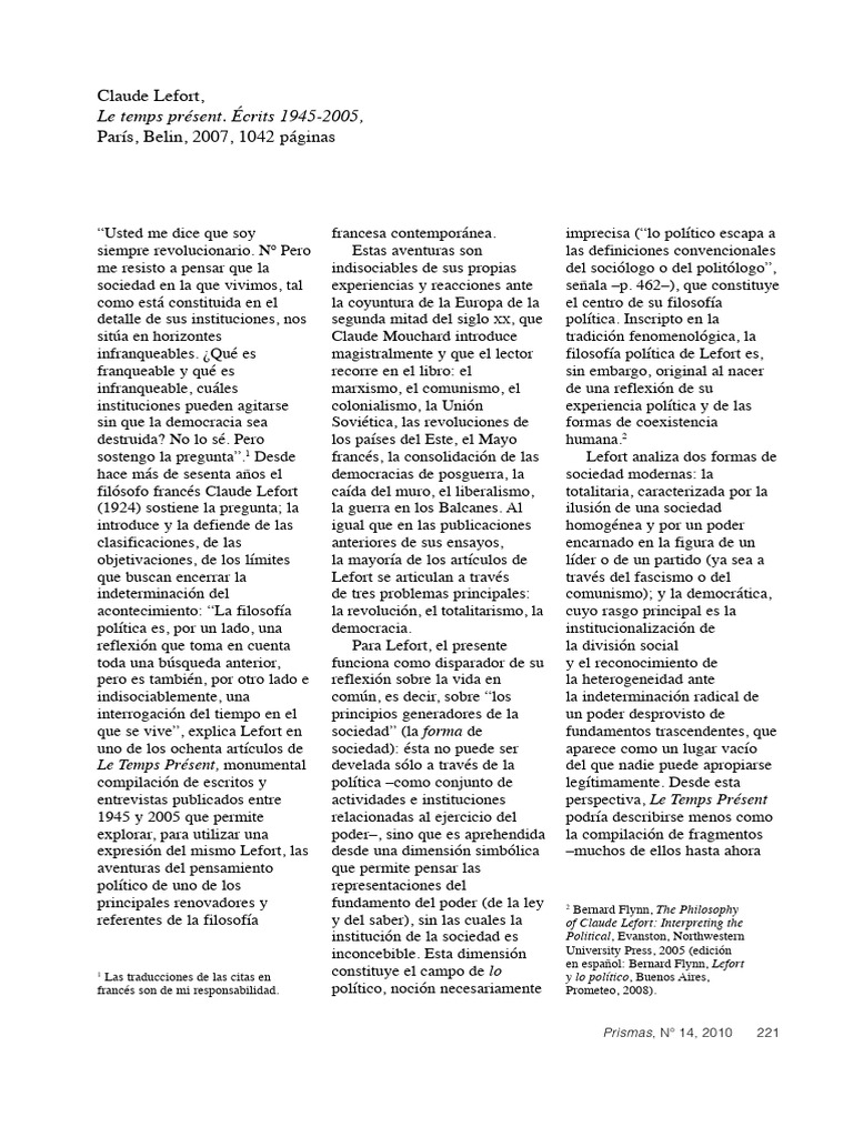 Claude Lefort Le Temps Present Ecrits 19 | PDF | Democracia | Ideologías políticas