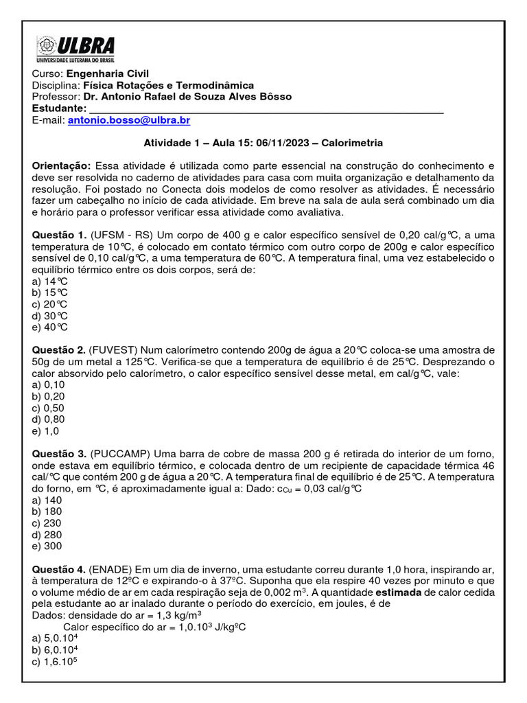 Atividade de Calorimetria para Eng. Civil | PDF | Calor | Temperatura