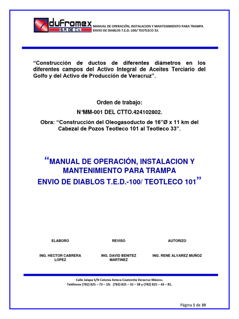 Manual de Operacion, Instalacion y Mantenimiento de Ted-100 | PDF | Acero | Tornillo