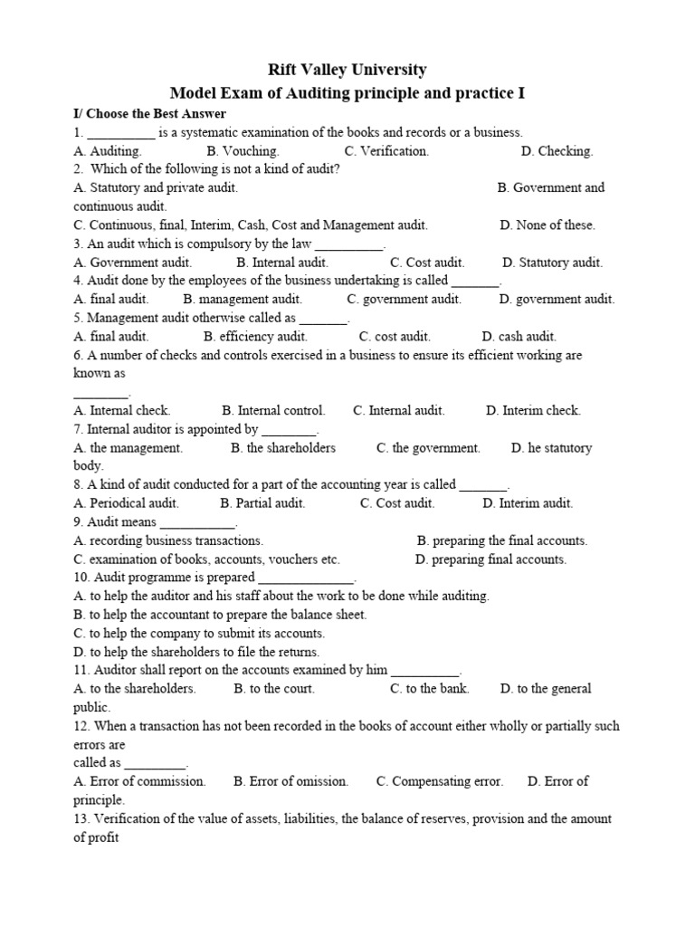 Model Exam of Audit Principle and Practice I | PDF | Audit | Internal ...